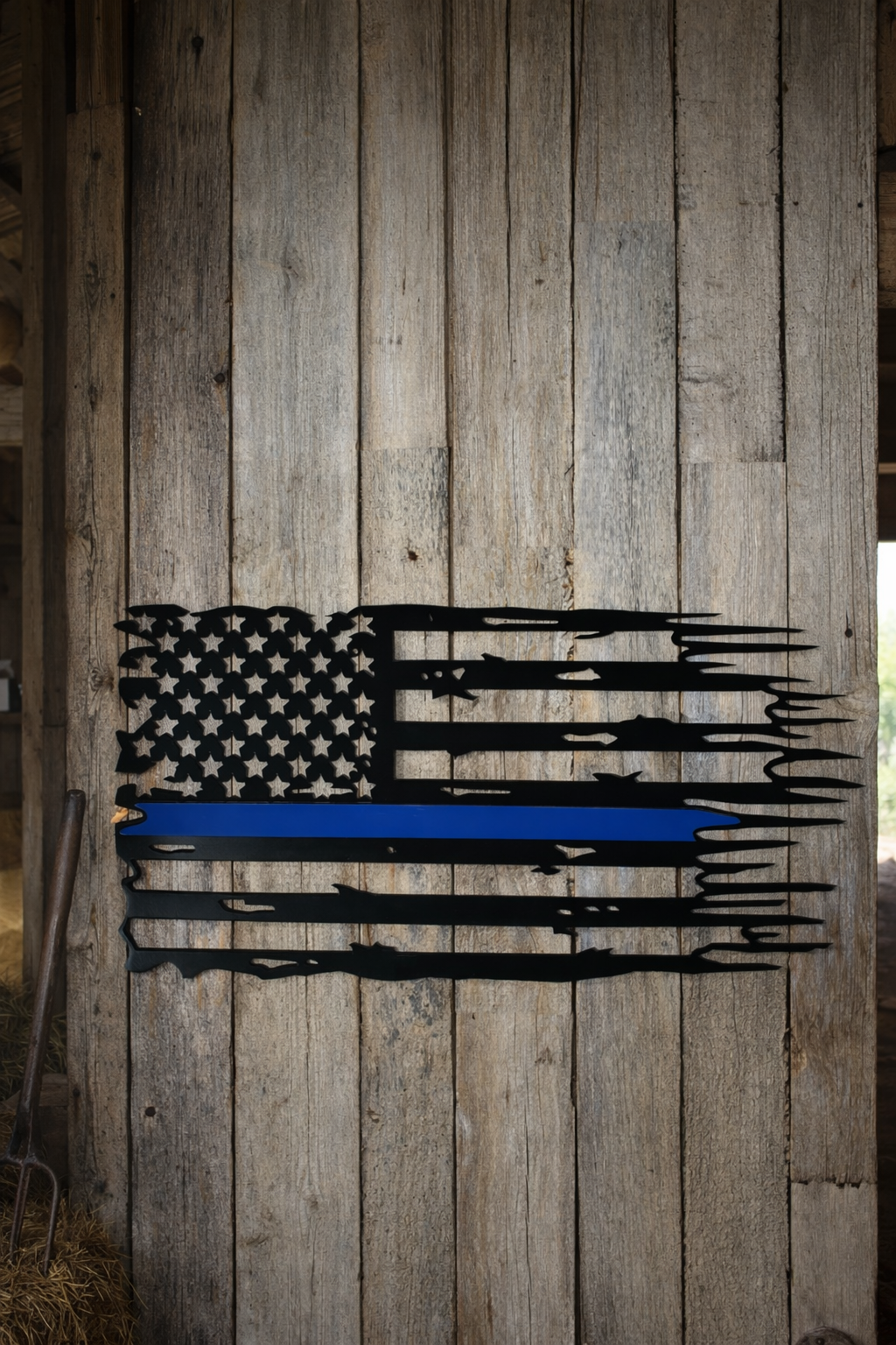 Thin Blue Line Tattered American Flag – Powder Coated Steel Wall Sign ...