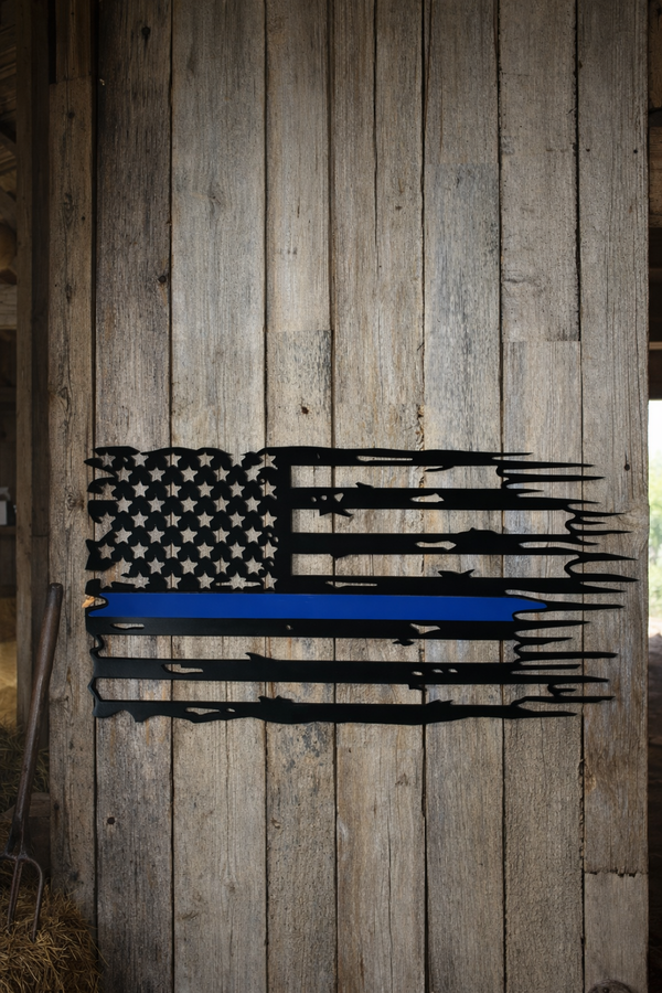Thin Blue Line Tattered American Flag – Powder Coated Steel Wall Sign ...